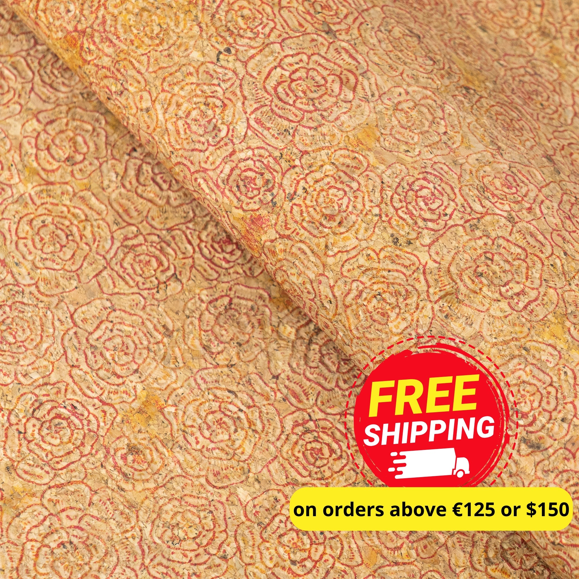 Embossed Rose Pattern Cork Fabric Beige & Red Tones COF-643 – MB Cork
