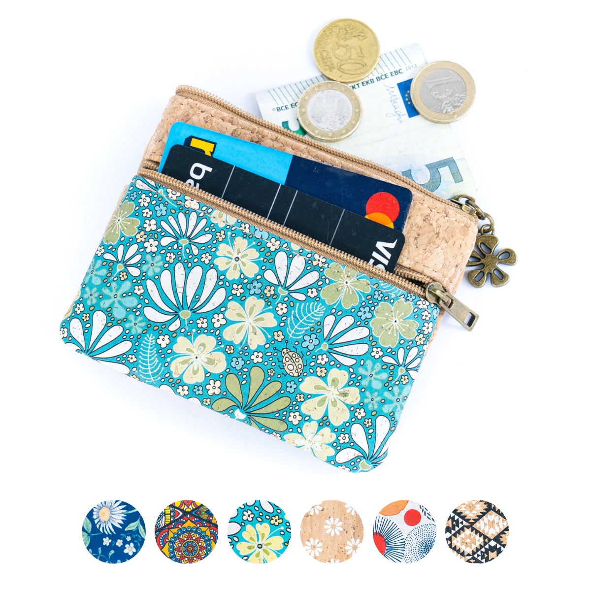 Double Zipper Cork Coin Purse – Floral Print BAG-2375 – MB Cork