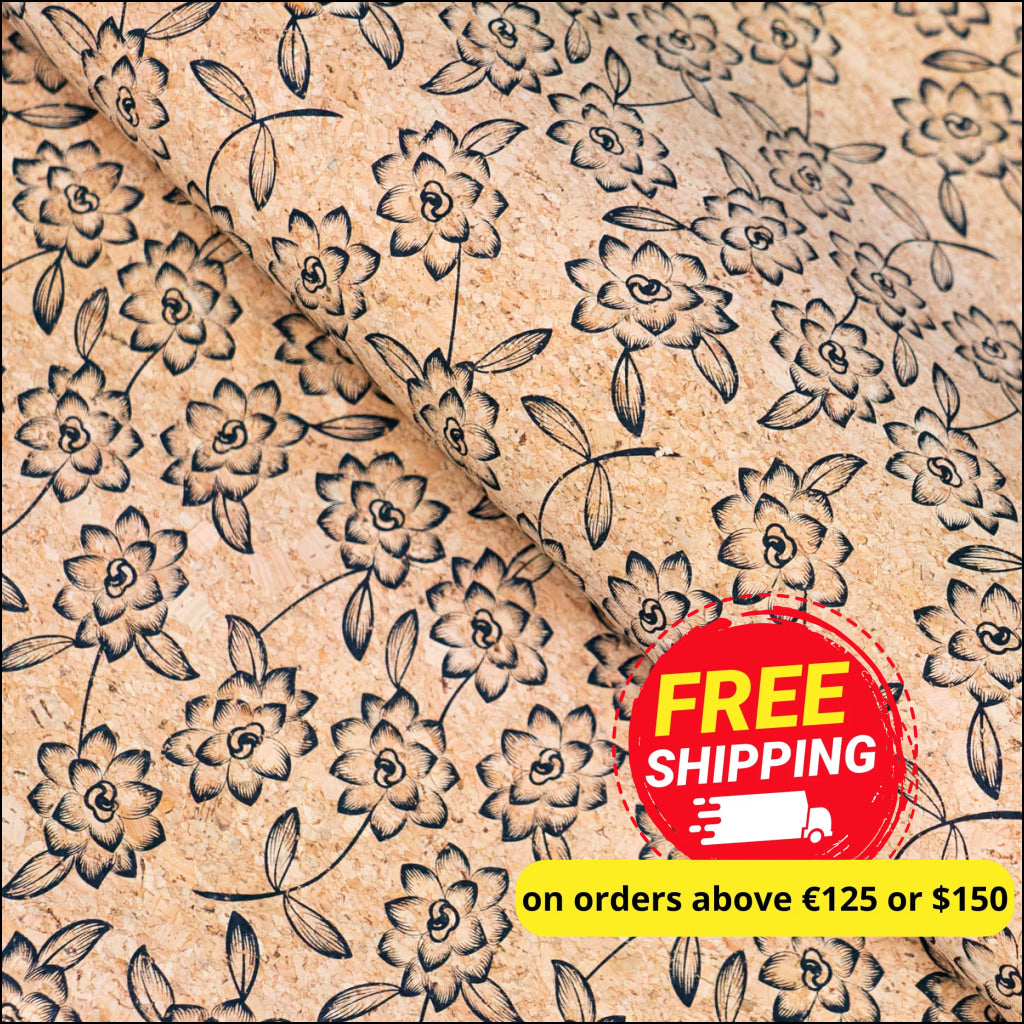 Baroque Elegance: Black flowers Pattern Cork Fabric COF-503 – MB Cork