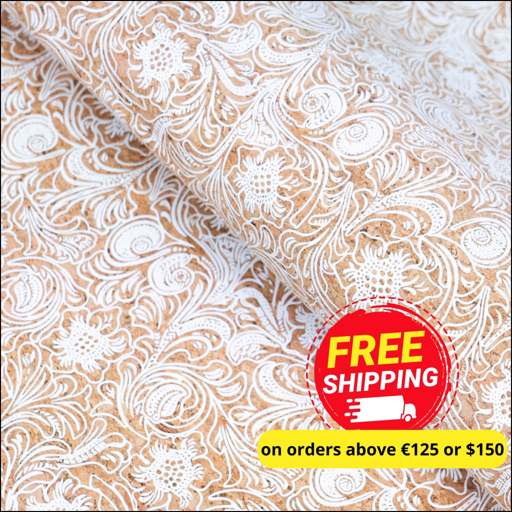 Classic Baroque Splendor: White Patterned Cork Fabric COF-510 – MB Cork