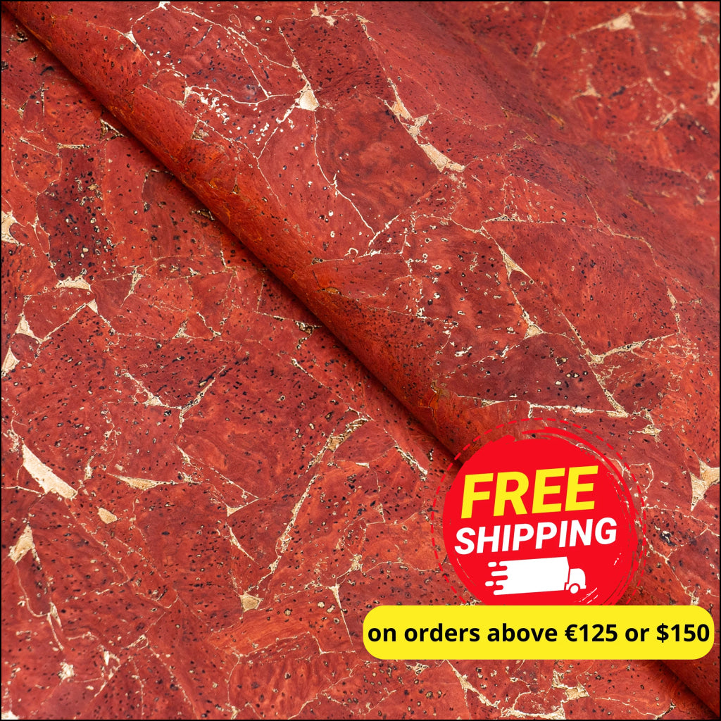 Vibrant Vermilion Cork Fabric with Golden Accents, 0.91mm Thick with B ...