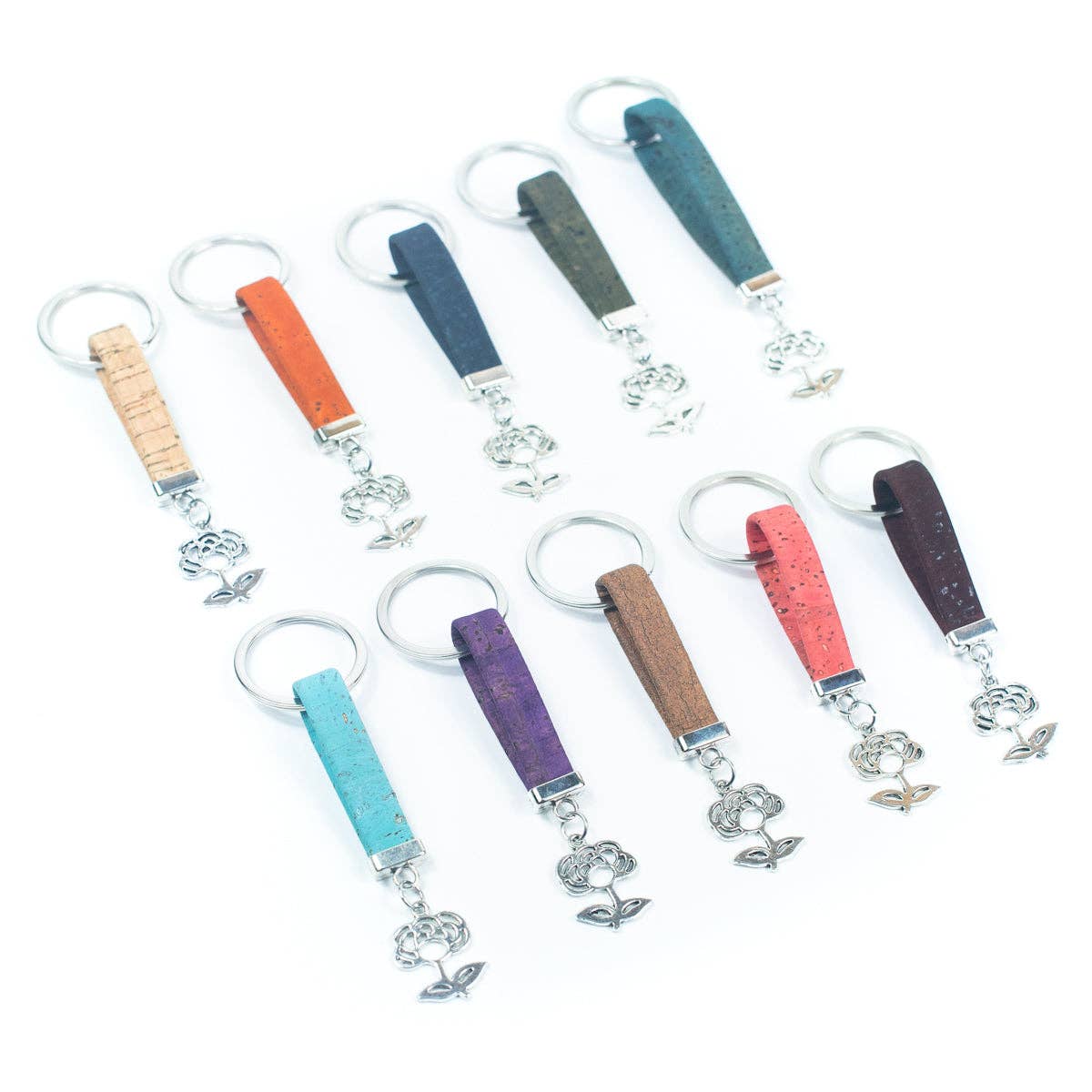 Natural colored cork cord and rose flower pendant handmade keychain I ...