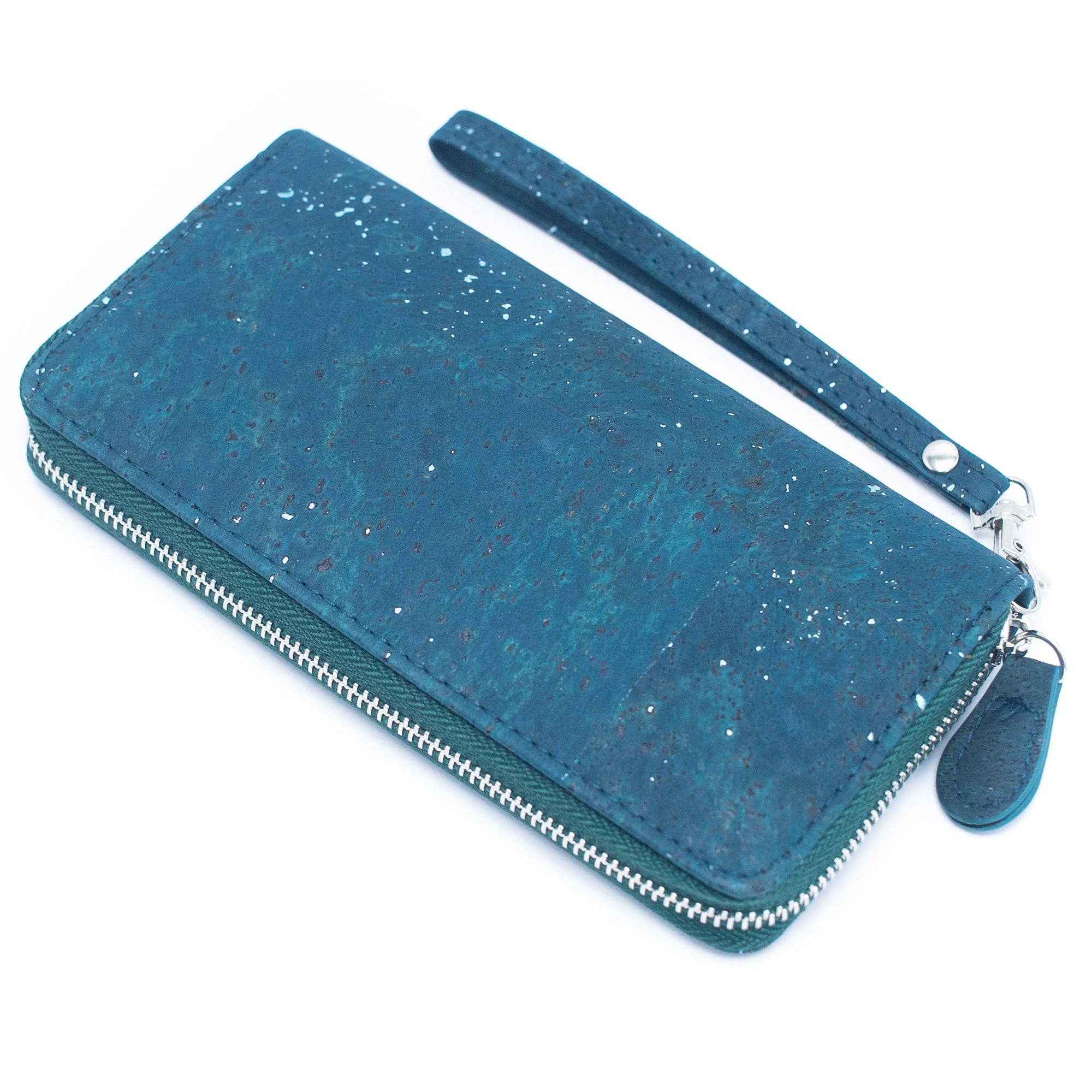 Blue mixed with silver accents women cork card wallet with hand strap ...