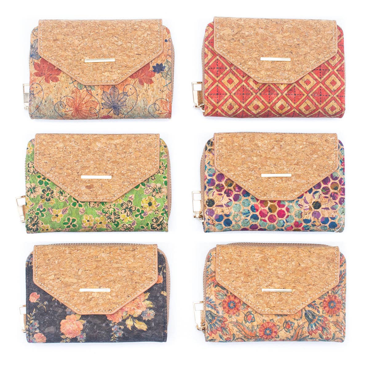 6 Natural Cork card Wallets with Floral Print Patterns (6 Units) HY-02 ...